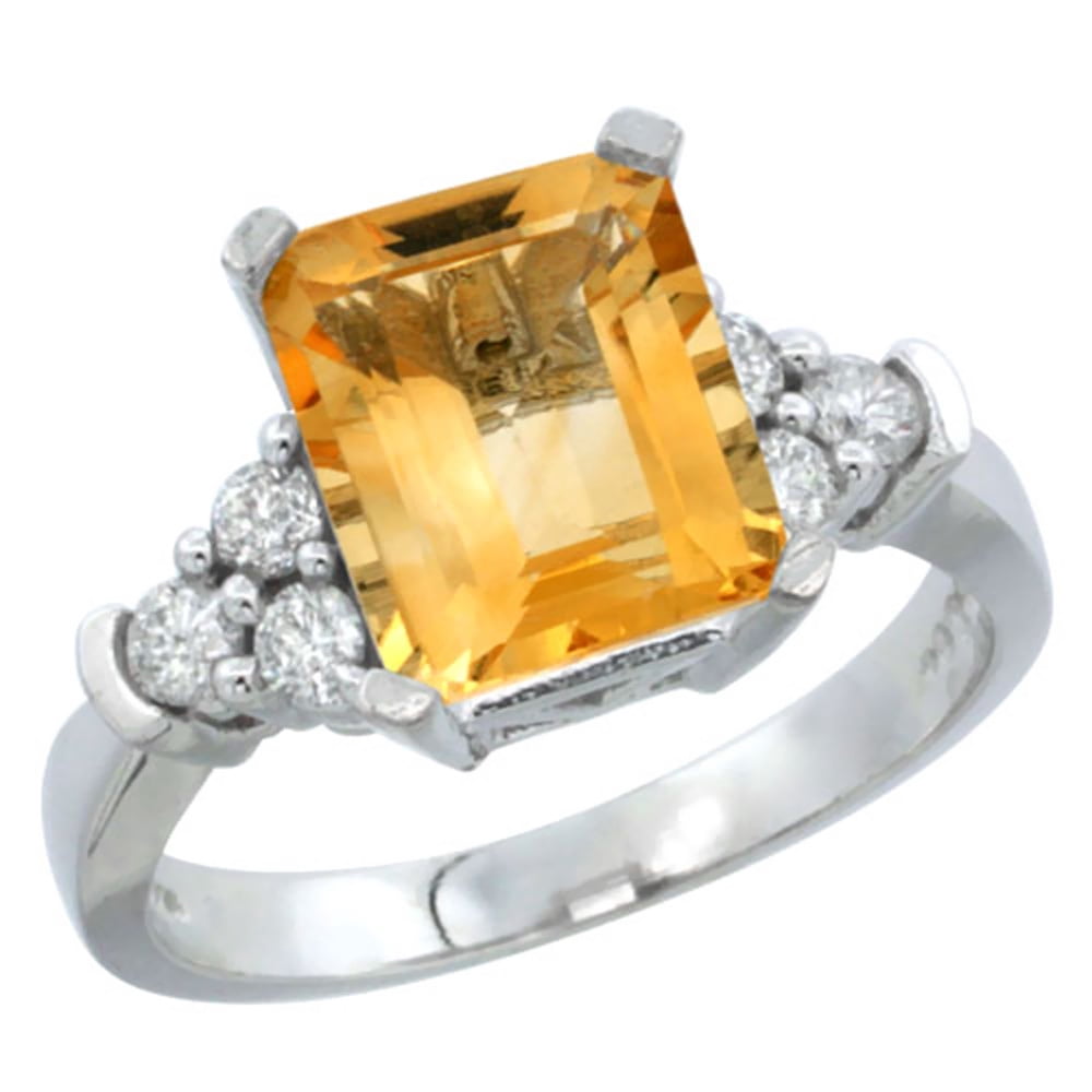 14K White Gold Natural Citrine Ring Octagon 9x7mm Diamond Accent, size ...