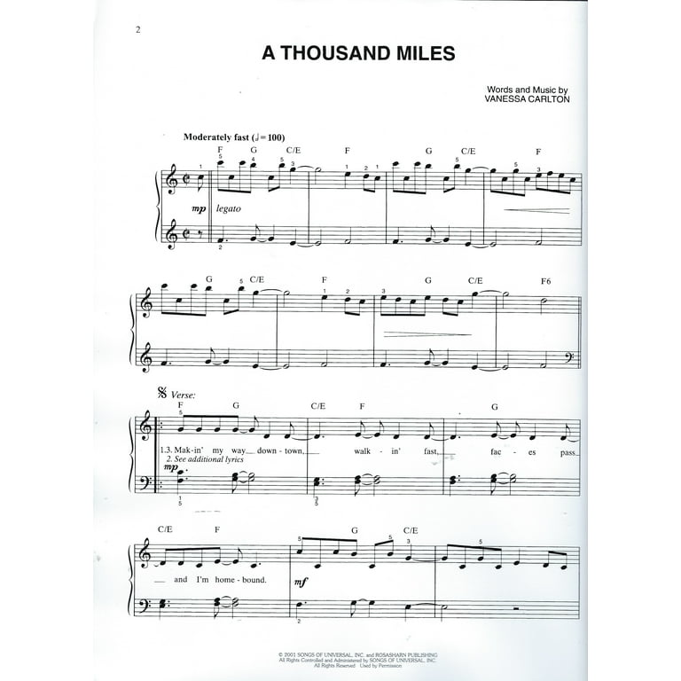 A Thousand Miles Piano Sheet Music Vanessa Carlton A Thousand Miles