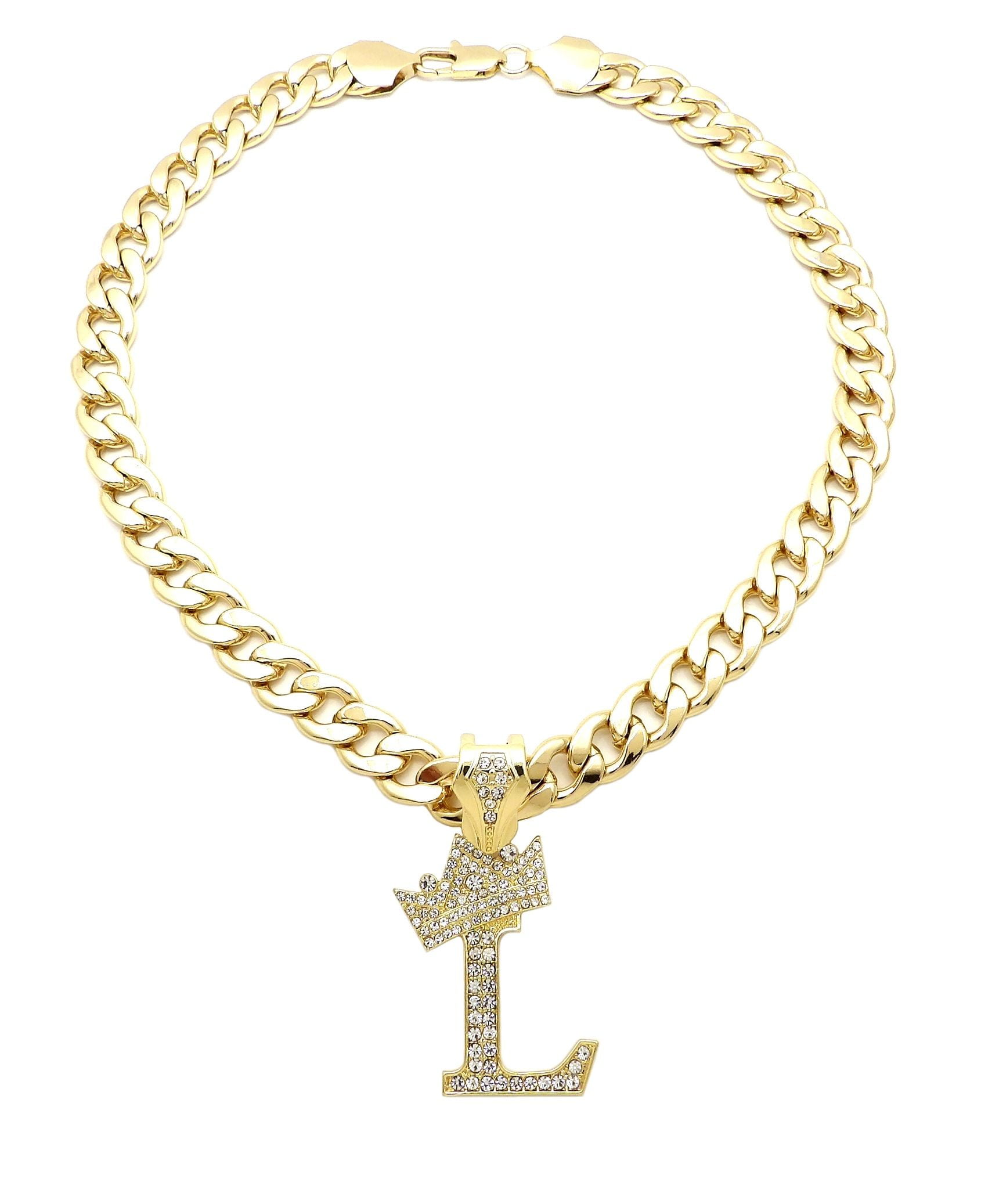 Stone Stud Crowned Initial Pendant with 11mm Cuban Chain Necklace ...