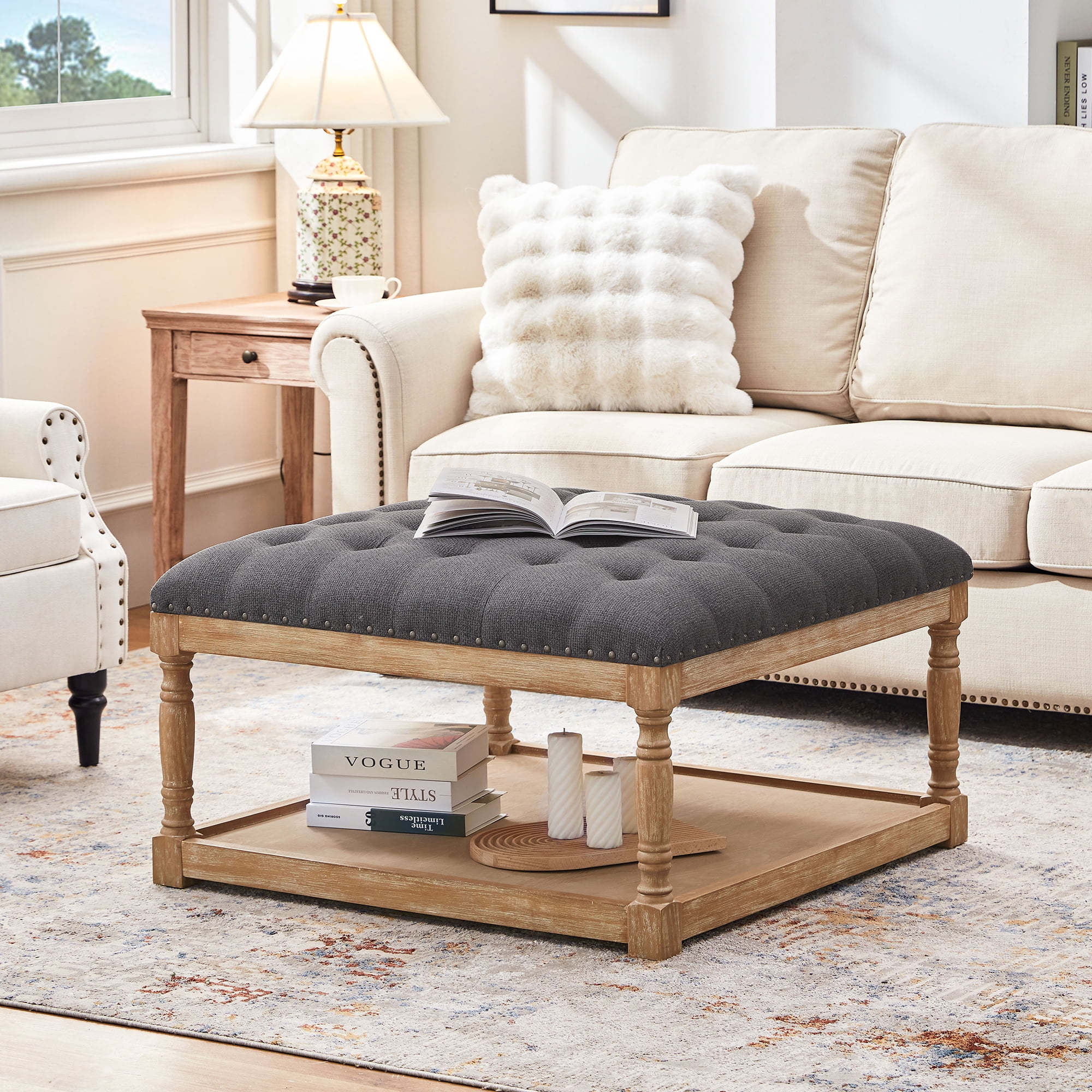 HUIMO Large Square Ottoman Coffee Table for Living Room Upholstered Button Tufted Linen Footrest Storage Ottoman with Solid Wood Shelf Footrest Stool Dark Grey Walmart