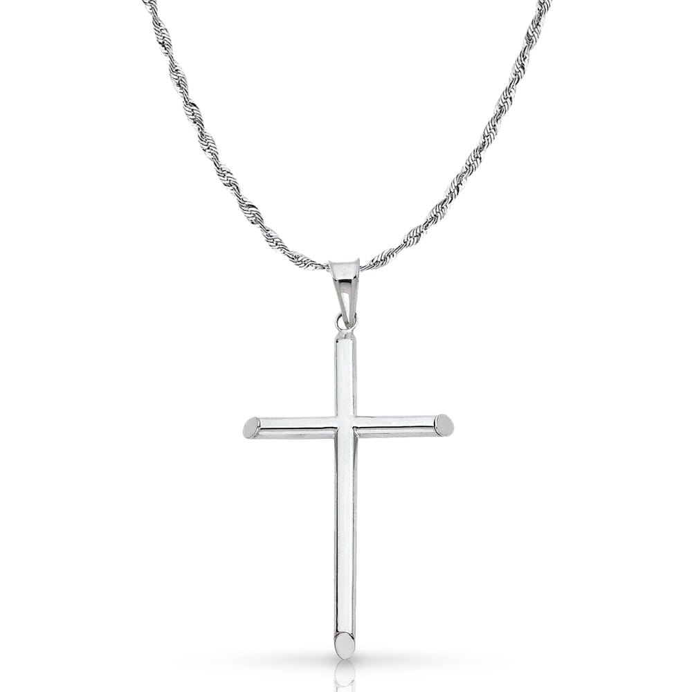 Ioka-14K White Gold Classic Cross Pendant with 2mm Rope Chain Chain ...