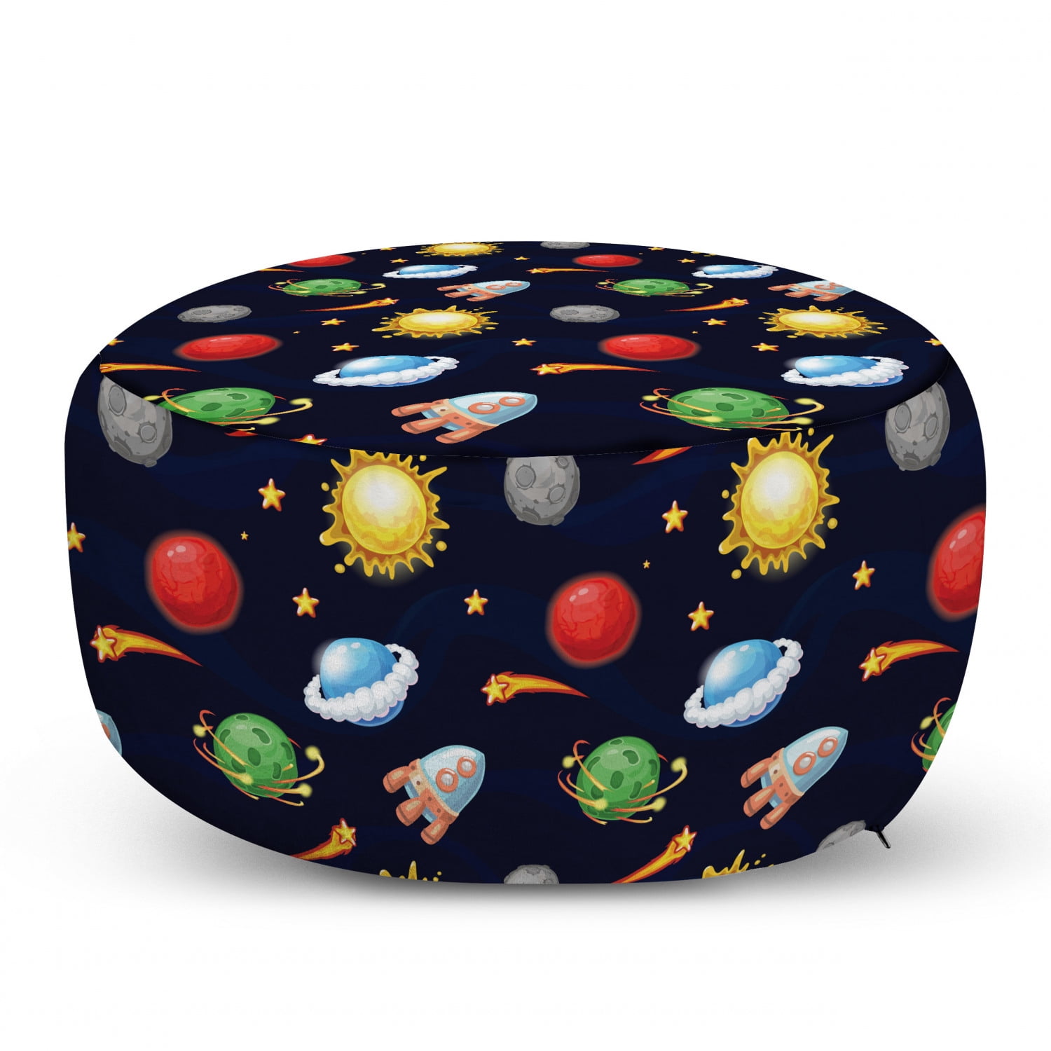 Space Pouf Cover with Zipper, Cartoon Style Cosmos Themed Illustration ...