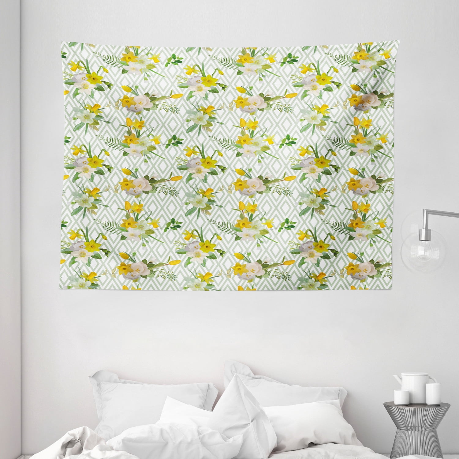 Watercolor Tapestry, Diamond Pattern with Blooming Floral Arrangement ...