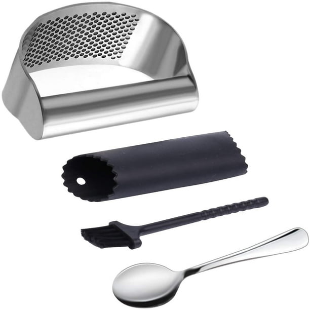 Stainless Steel Garlic Press Rocker with Black Silicone Roller Peeler ...