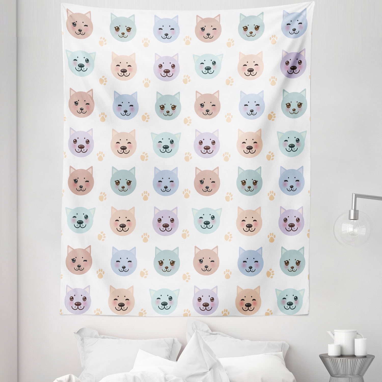 Cartoon Tapestry, Smiling Cat Muzzle and Paw Prints Pattern on Animal ...