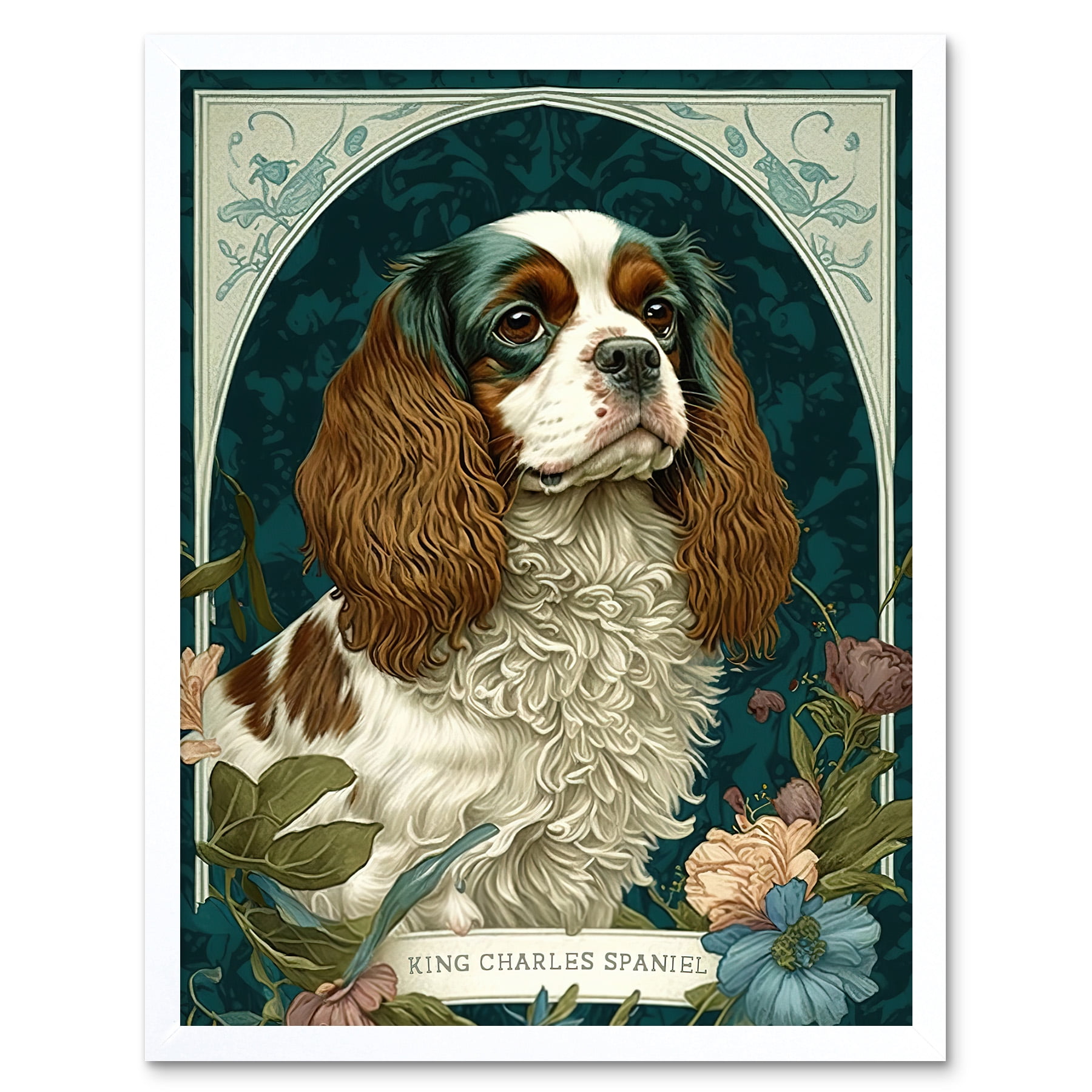 King Charles Spaniel Dog with Flower Blooms Modern Art Nouveau ...