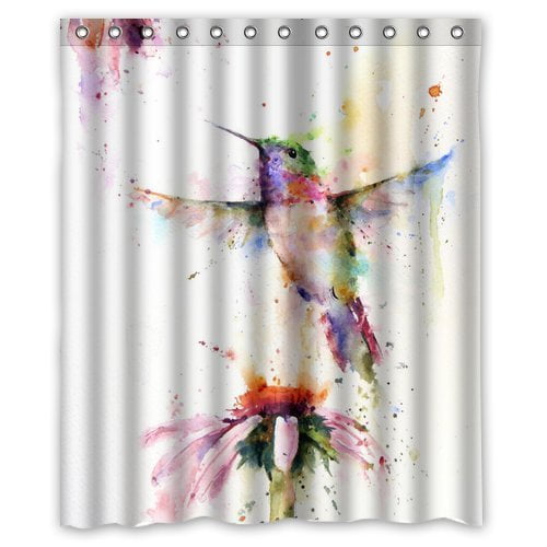 Greendecor Hummingbird Watercolor Waterproof Shower Curtain Set With