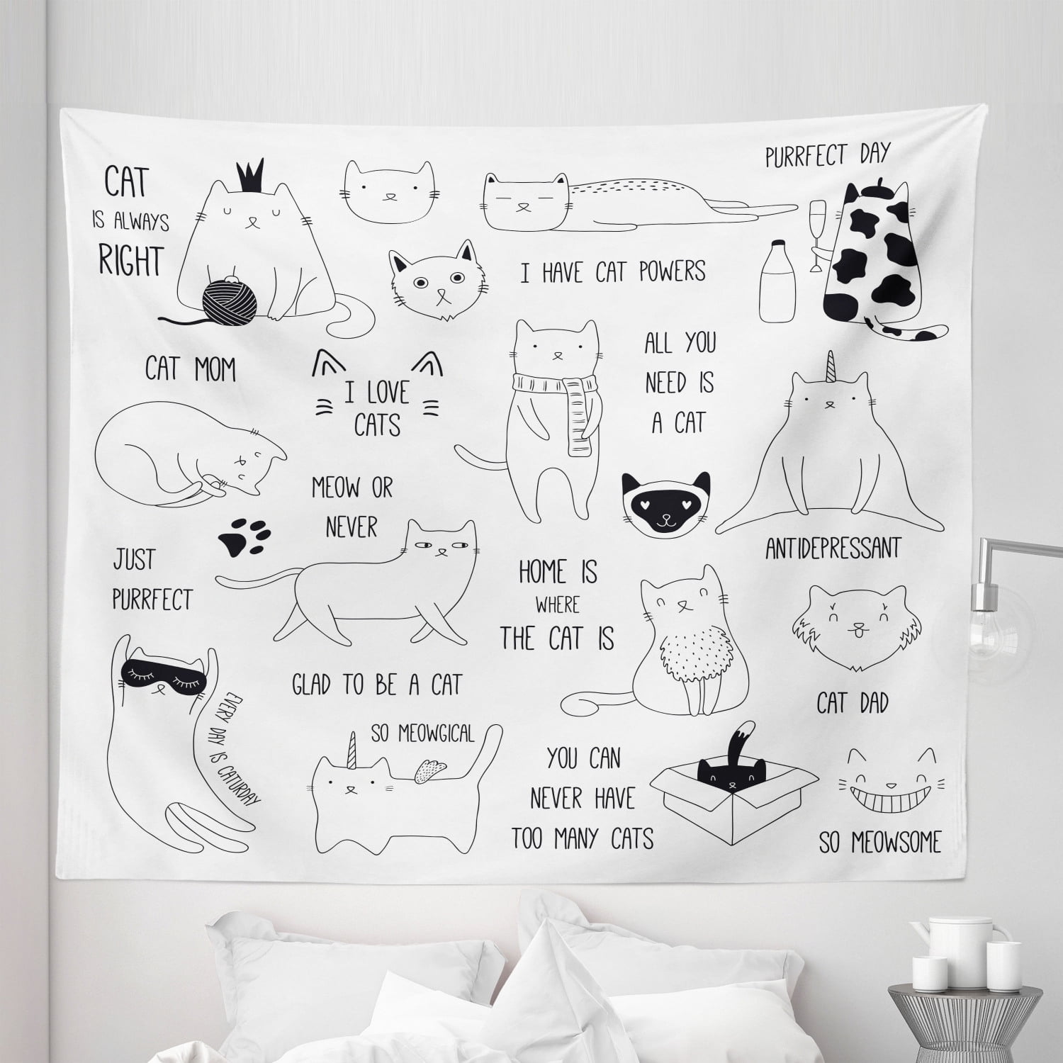 Cats Tapestry, Doodle Composition of Animals with Various Words Hand ...