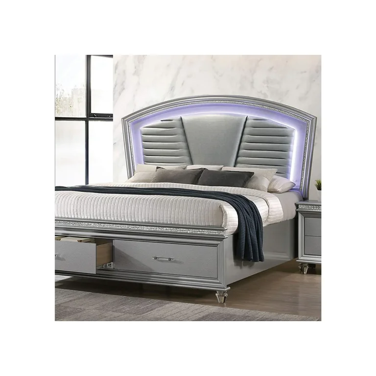 1pc Queen Size Bed Silver Color Contemporary Bedroom Furniture Storage Footboard Padded Headboard w LED Acrylic Legs