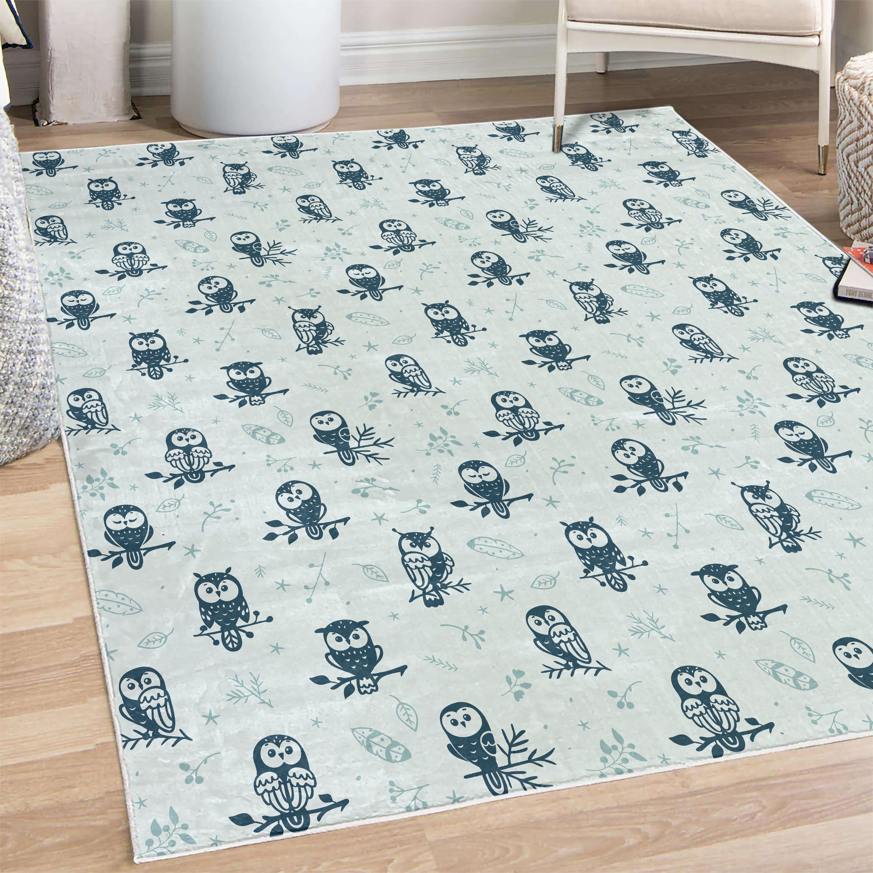 Owl Decorative Rug, Cartoon Style Illustration of Birds on the Branches ...