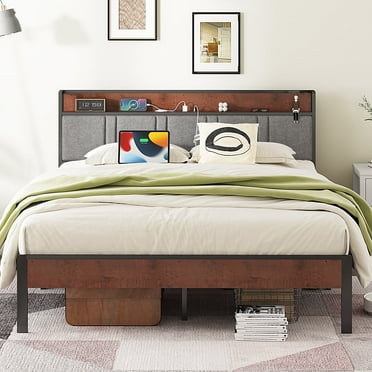 NISIEN Queen Bed Frame, Platform Bed Queen Size with Charging Station ...