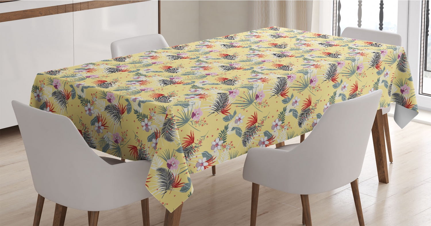 Tropical Tablecloth, Exotic Forest with Pastel Hibiscus Flowers and ...