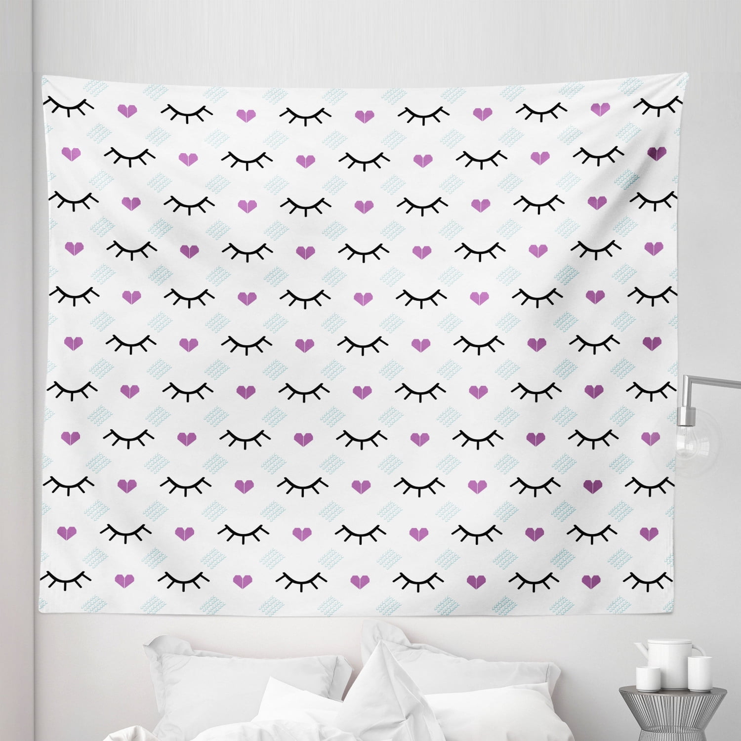 Eyelash Tapestry, Winking Eyes and Pink Hearts Romantic Pattern Cartoon ...