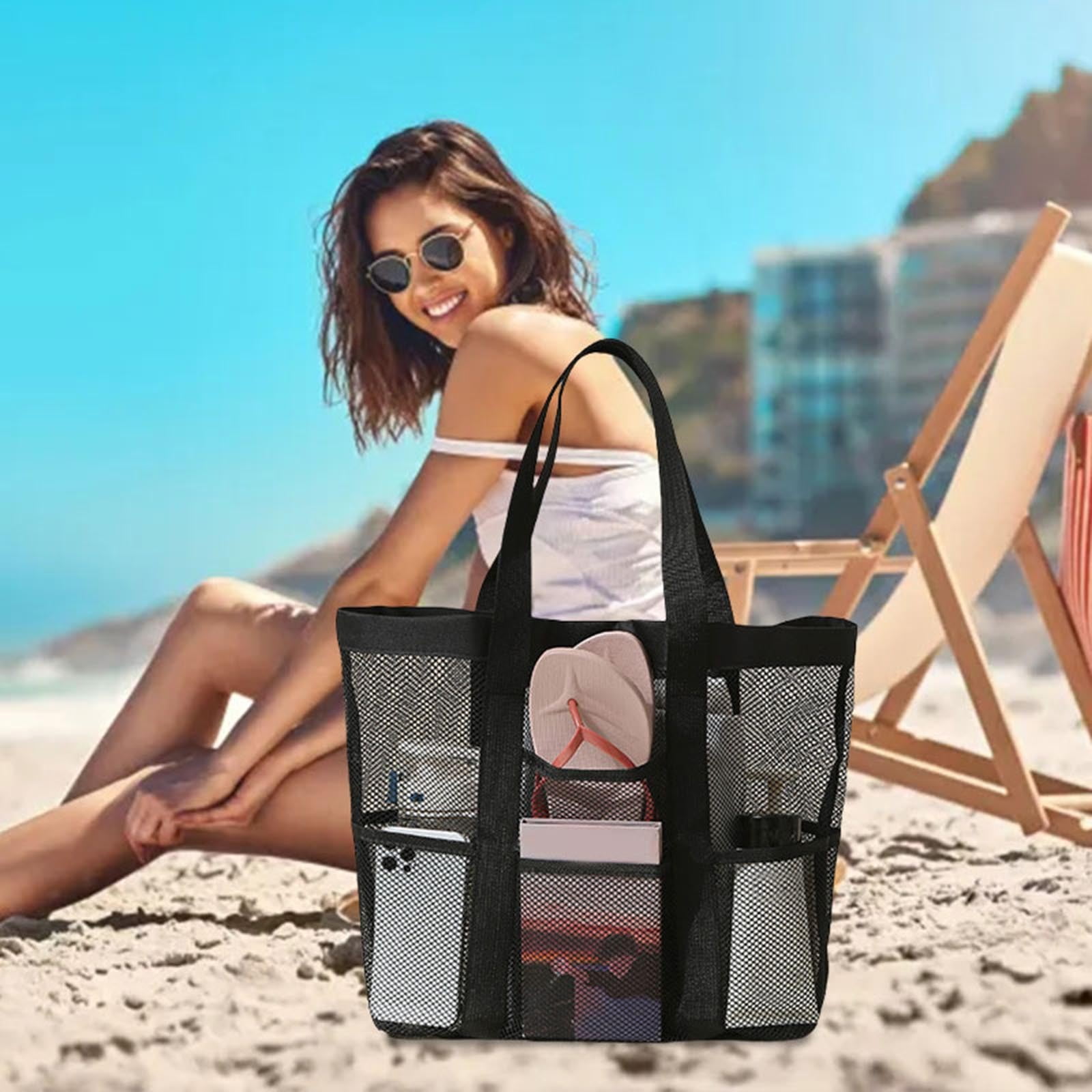 Click here for Vivavault Large Mesh Beach Bag With Zipper And 9 P... prices