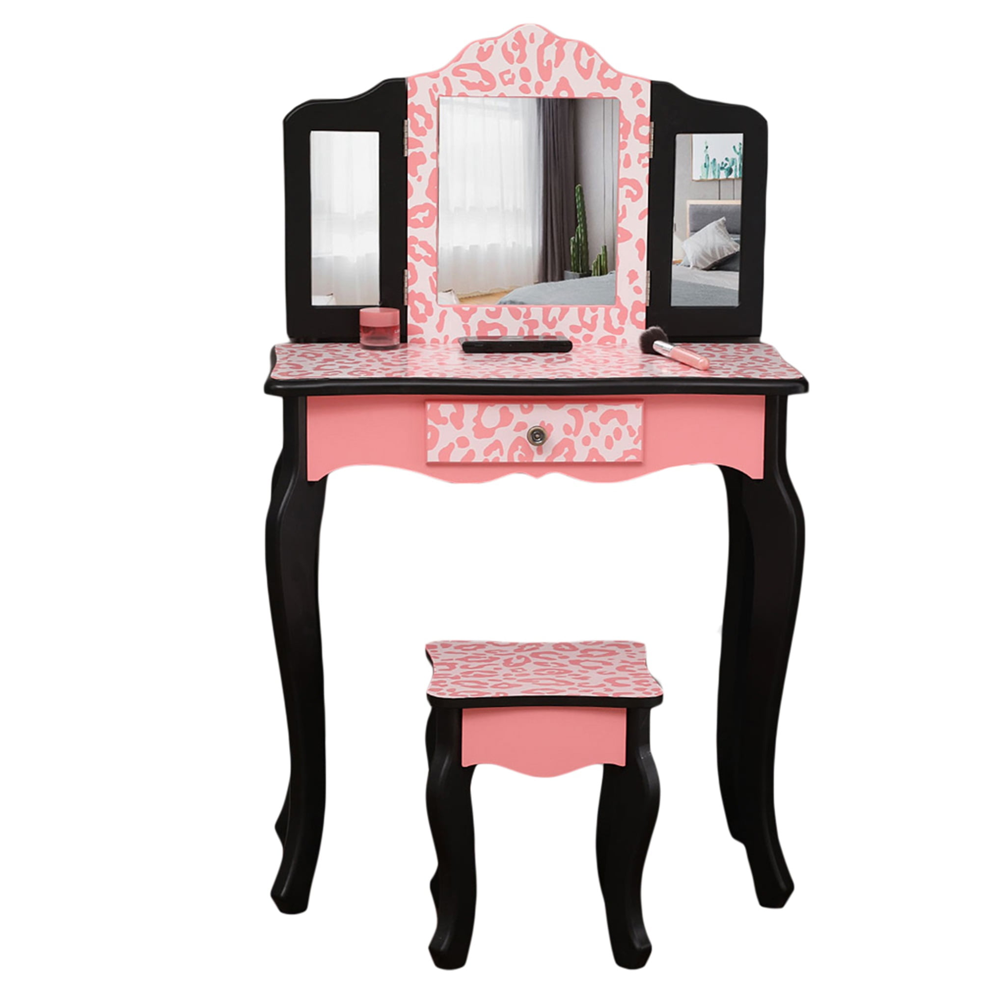 Franhais Dressing Table with Stool, Density Board Wood Dresser with ...