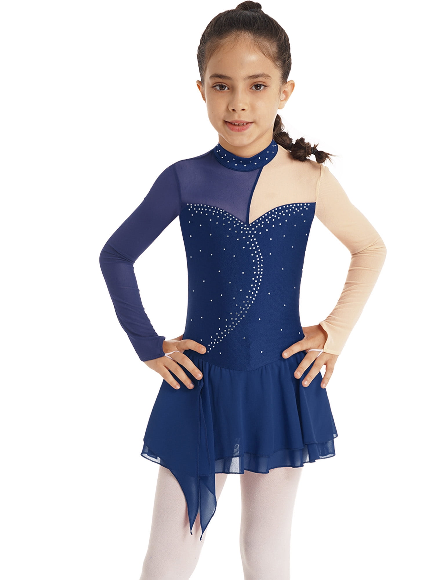 IEFIEL Girls Shiny Rhinestone Figure Skating Dress Long Sleeve Ballet ...
