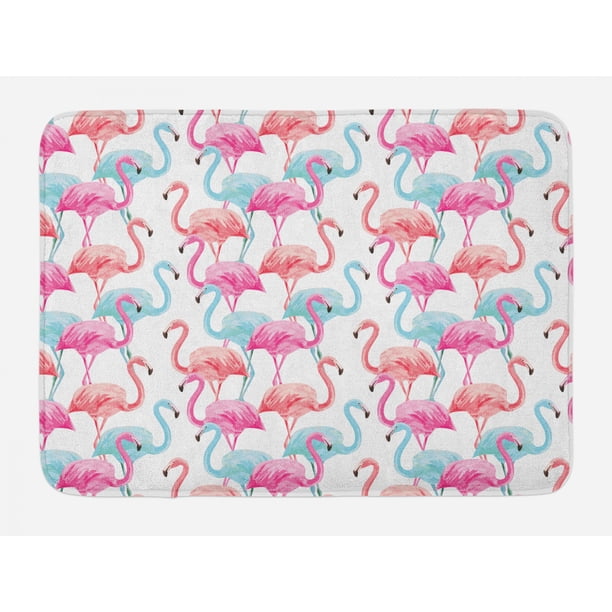 Watercolor Bath Mat, Flamingos in Many Colors Hand Drawn Bird Exotic ...