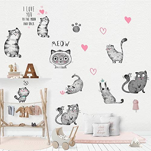 Cartoon Cats Wall Decals - YOITEA 9 Cute Kittens with Butterfly Heart ...