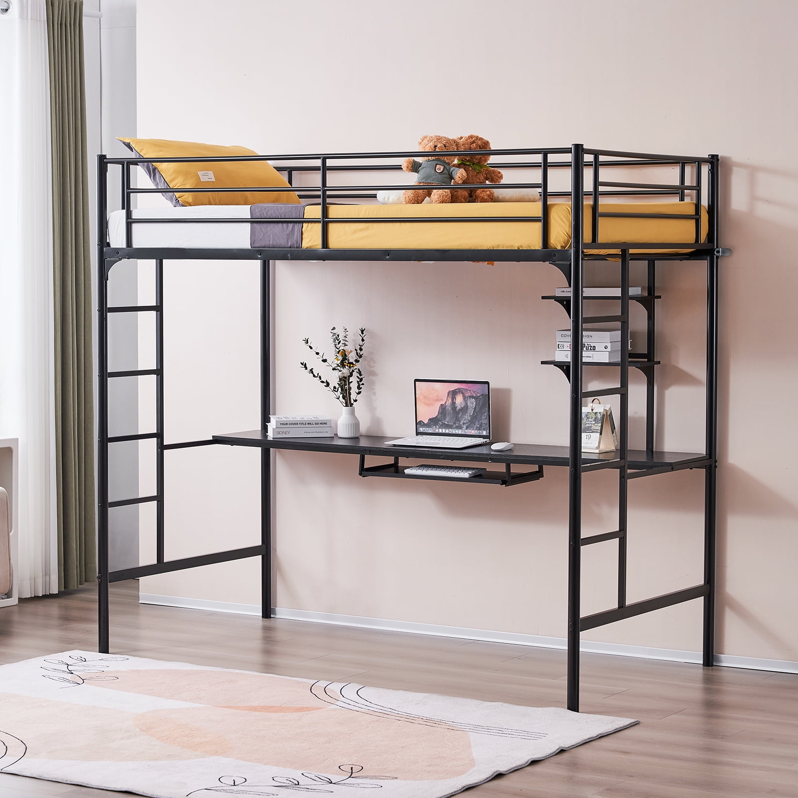 IVV Twin Size Metal Loft Bed with Long Desk and Keyboard Slide Tray, 2 ...