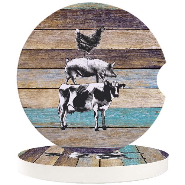 XDDJA Farm Chicken Cow Pig Wood Grain Set of 6 Car Coaster for Drinks ...