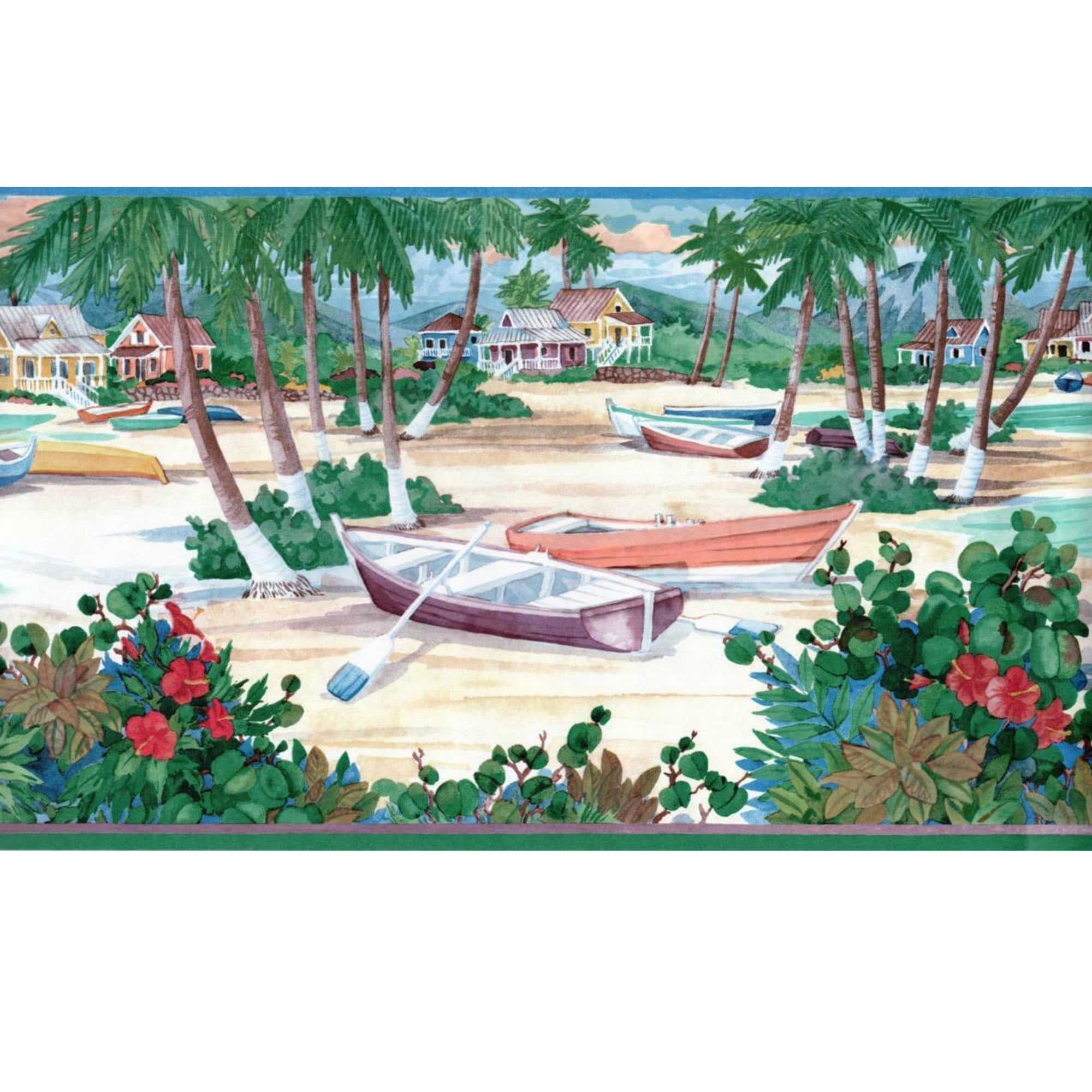 Trimz Tropical Seaside Blue Beach Ocean Coastal Wallpaper Border, Pre-pasted, 15' L x 10.45"W ...