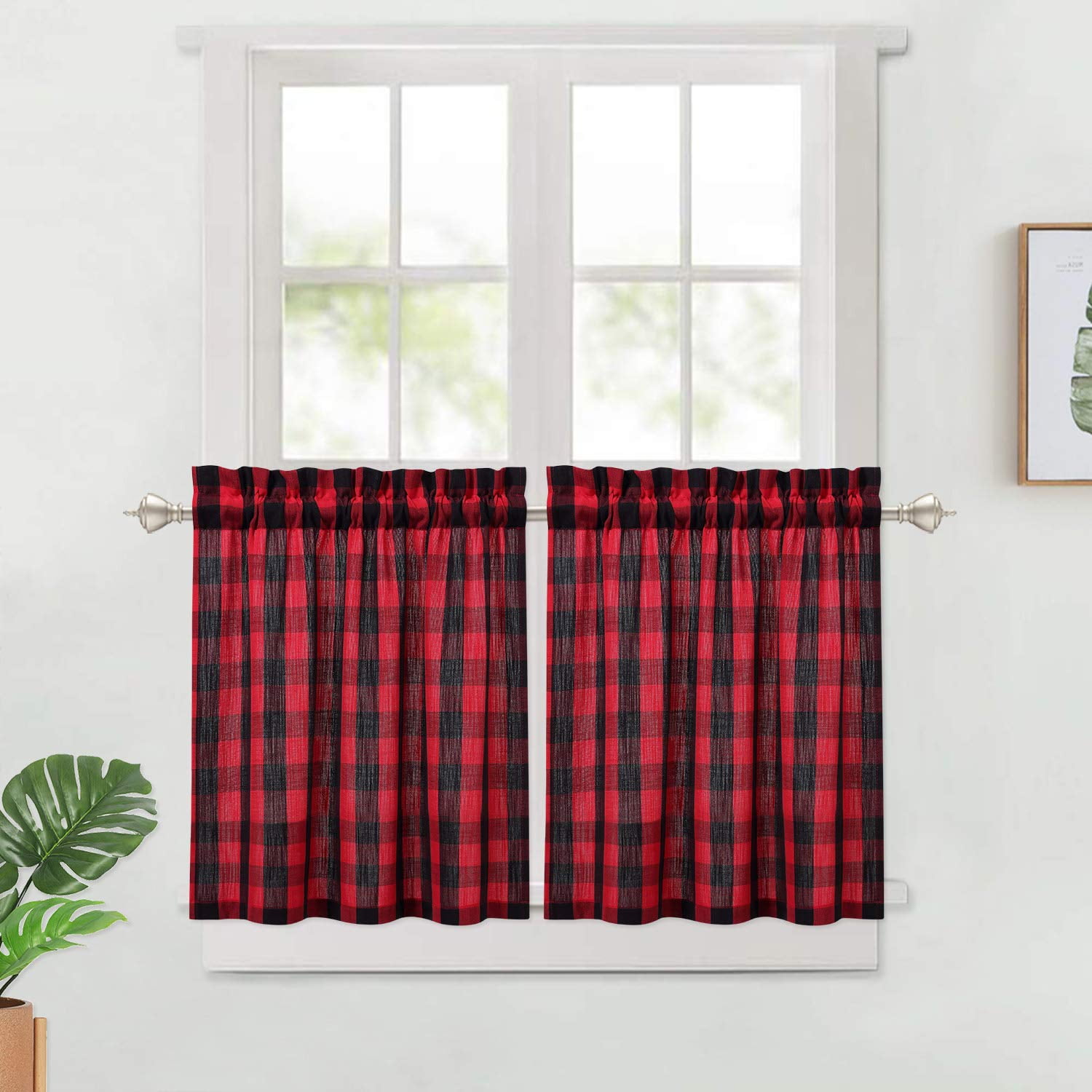 Thick Yarn Dyed Plaid Half Window Kitchen Cafe Curtains, 28" x 30 ...