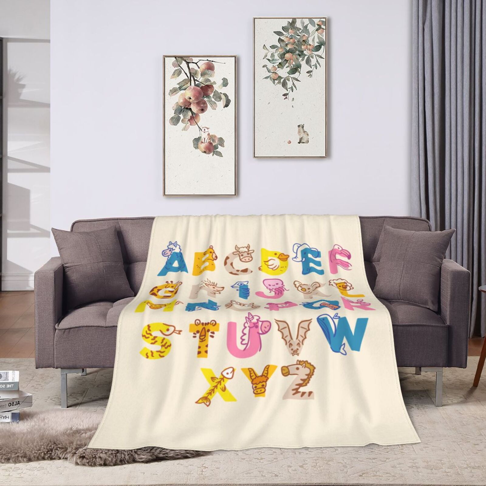 ZNDUO Cartoon Alphabet Animal Pattern Throw Blanket, Lightweight Cozy ...