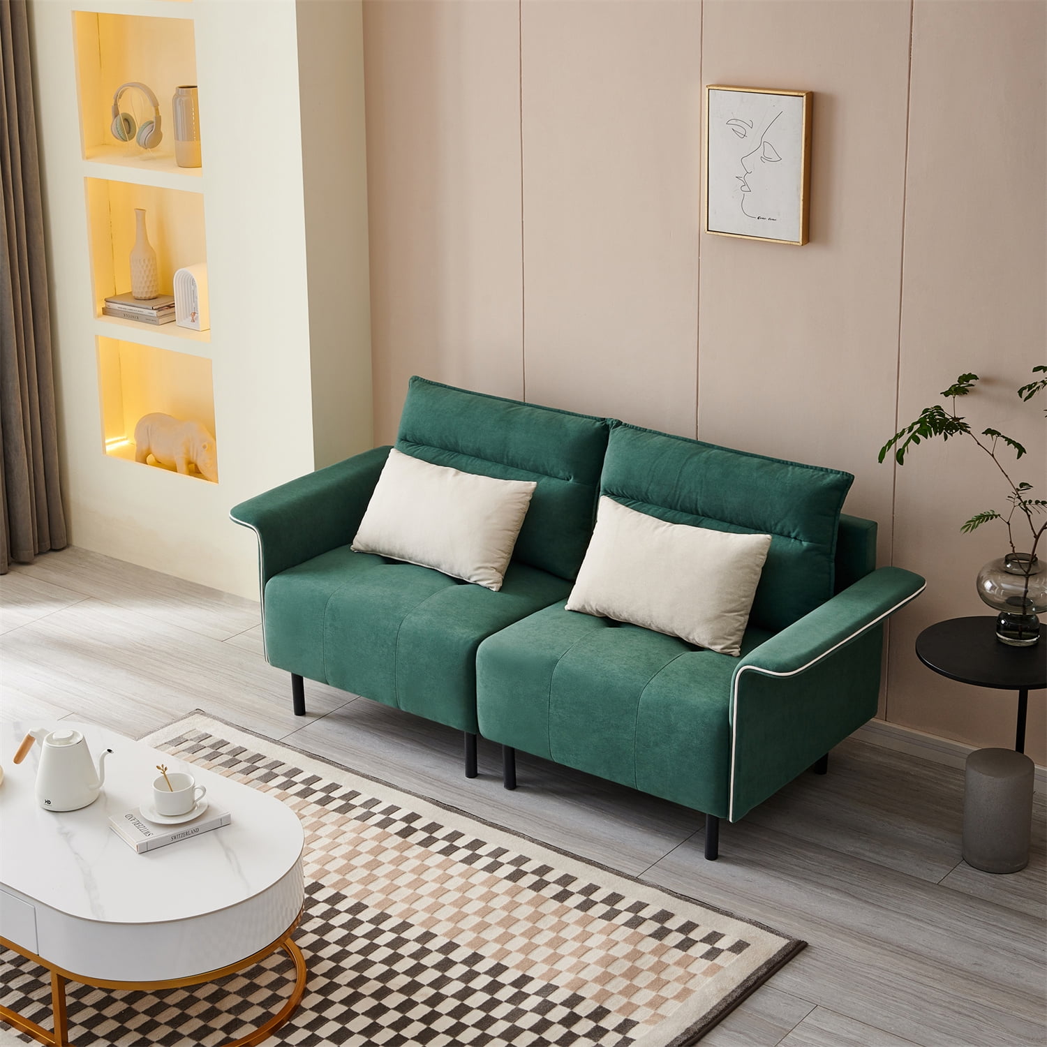 Mid-Century Sofa Couch with 2 Pillows, Suede Cloth Upholstered Loveseat ...