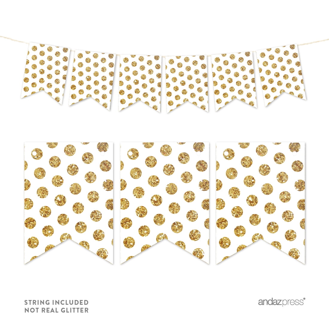 White Pennant Party Banner Gold Glitter Polka Dots - Walmart.com