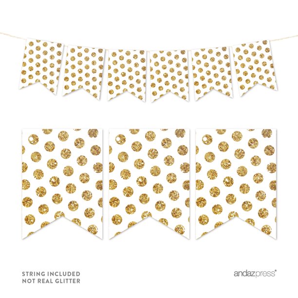 White Pennant Party Banner Gold Glitter Polka Dots - Walmart.com