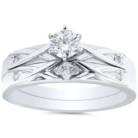 Women's 1/3ct Diamond Engagement Bridal Ring Set Solid 14K White Gold ...