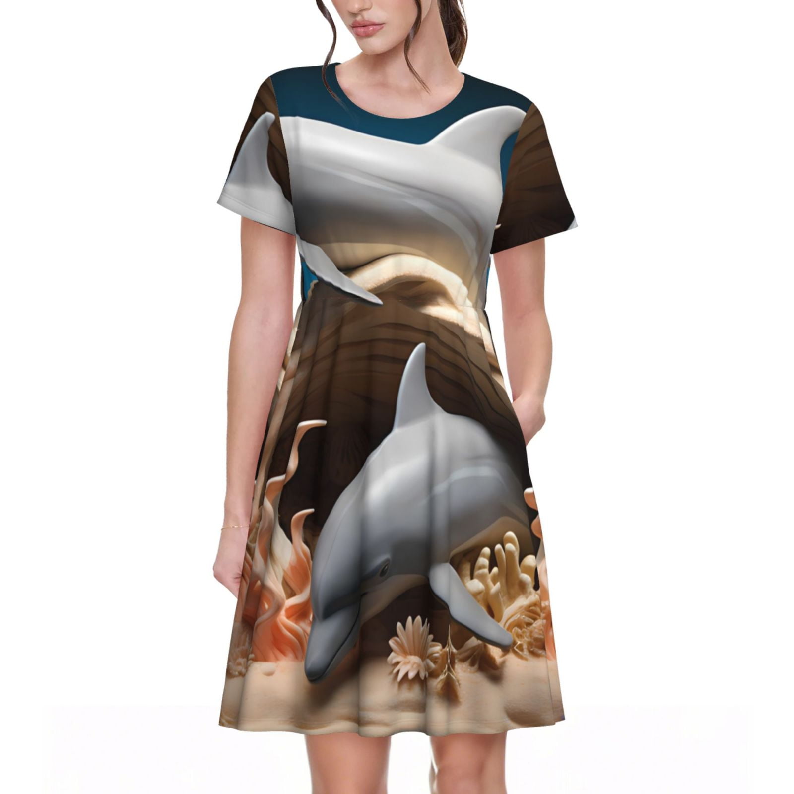 Naloa Coral Fish Dolphin Print Womens Summer A-Line Dress with Pockets ...