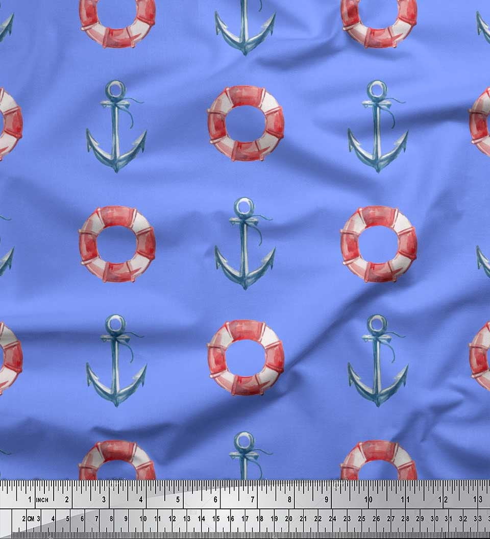 Soimoi Blue Satin Silk Fabric Life Ring & Anchor Hook Nautical Print ...