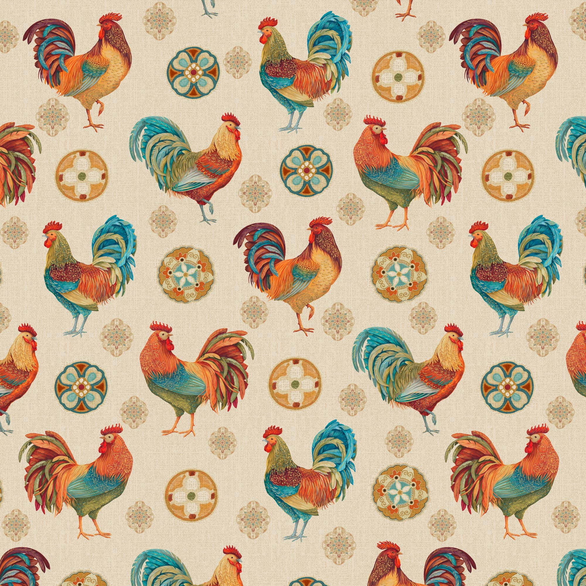 David Textiles Rooster Medallion Linen 1 yd Cotton Precut Fabric ...