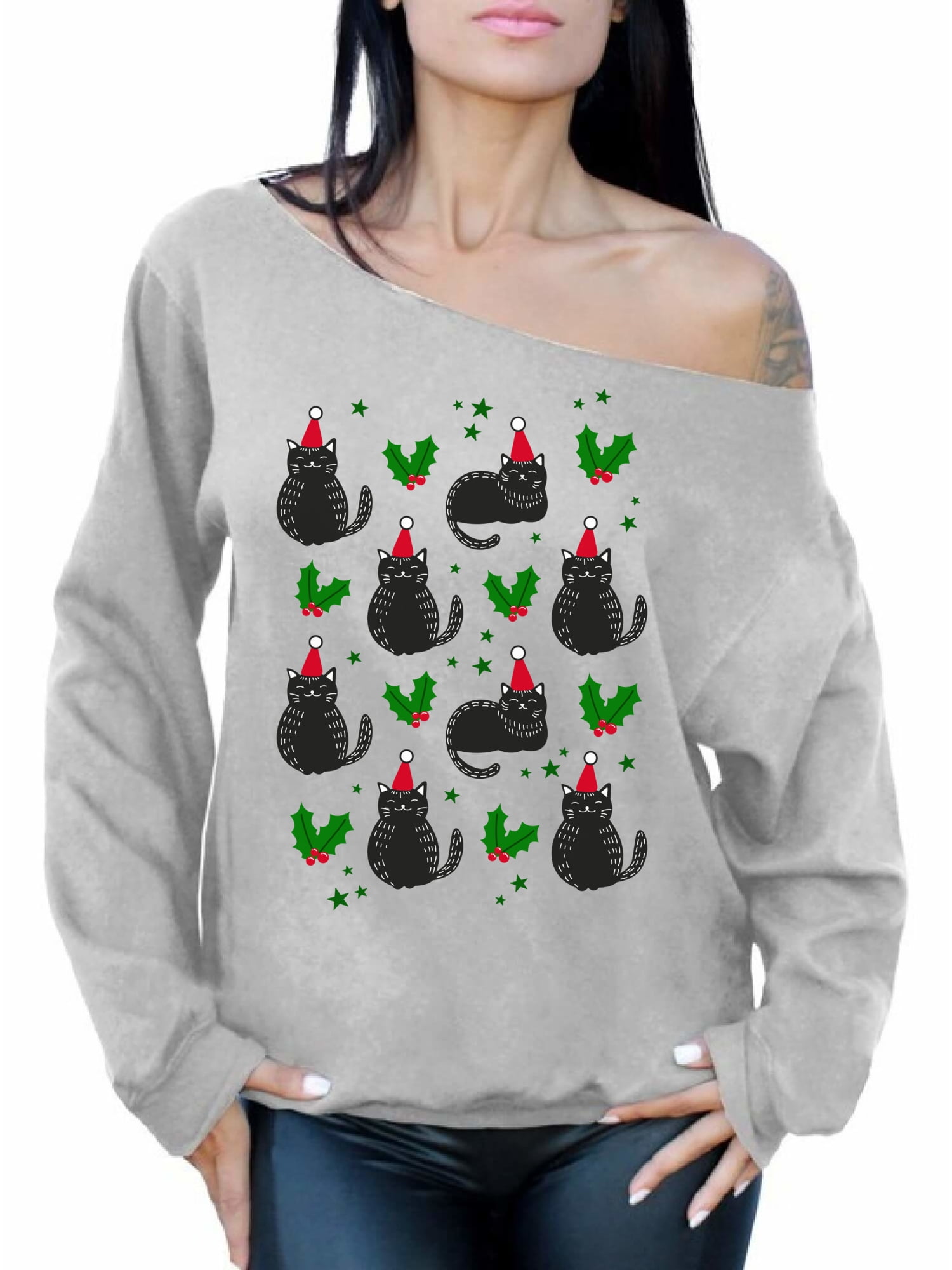 Awkward Styles Ugly Christmas Sweatshirt Off Shoulder Xmas Cat Sweater ...