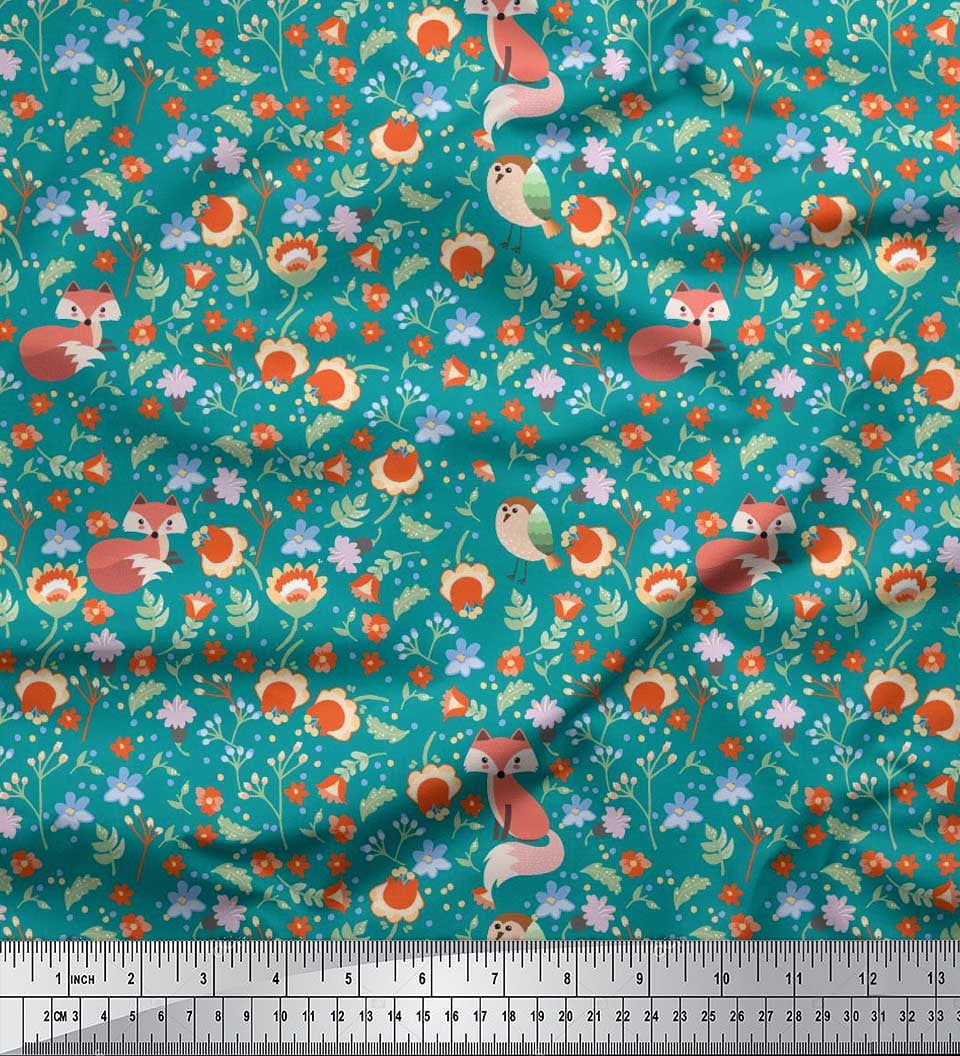 Soimoi Polyester Crepe Fabric Floral,Bird & Fox Cartoon Print Fabric by ...