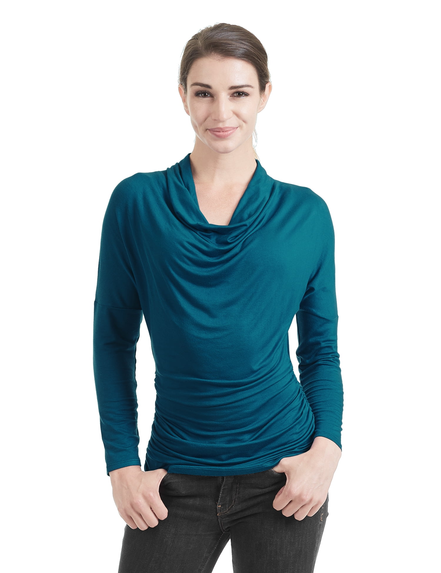 WT1381 Womens Cowl Neck Long Sleeve Drape Top With Side Shrring S Teal ...