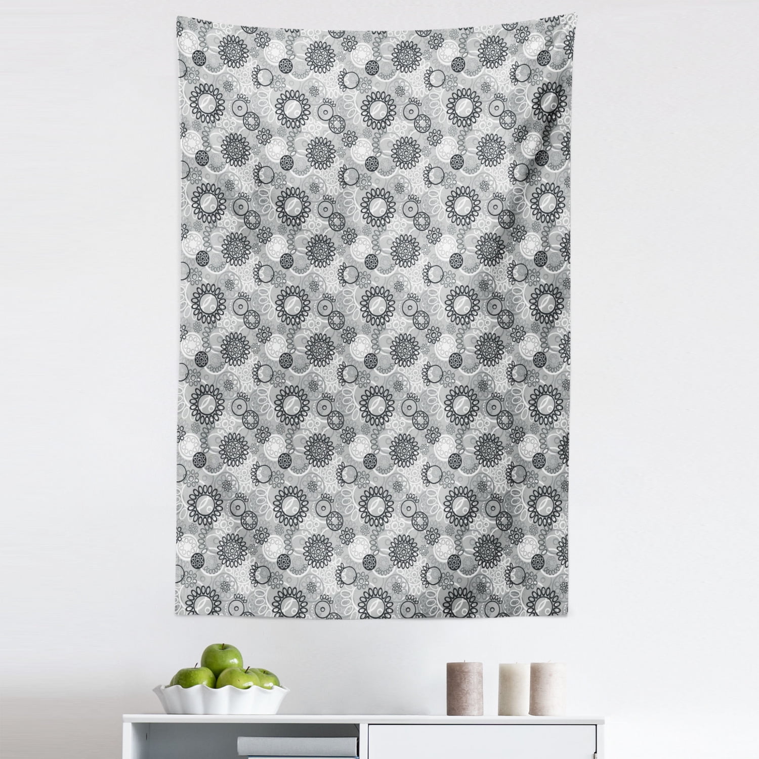 Black and Grey Tapestry, Doodle Style Blooming Flowers Greyscale Garden ...