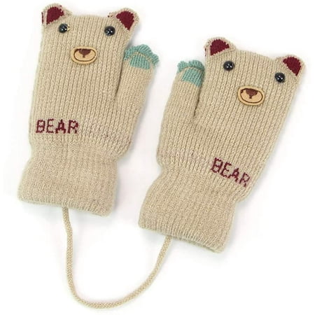 Baby Toddler Cute Bear Winter Warm Knitted Magic Mittens On String Kids ...