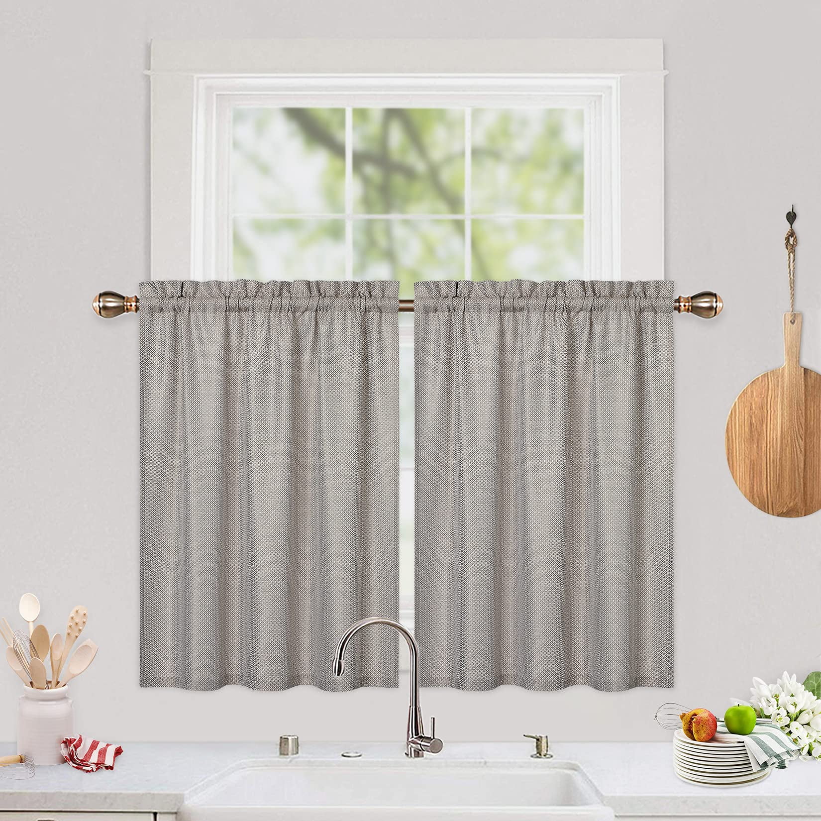 Kitsin Kitchen Tier Curtain, Waterproof Waffle Weave Half Window Rod ...