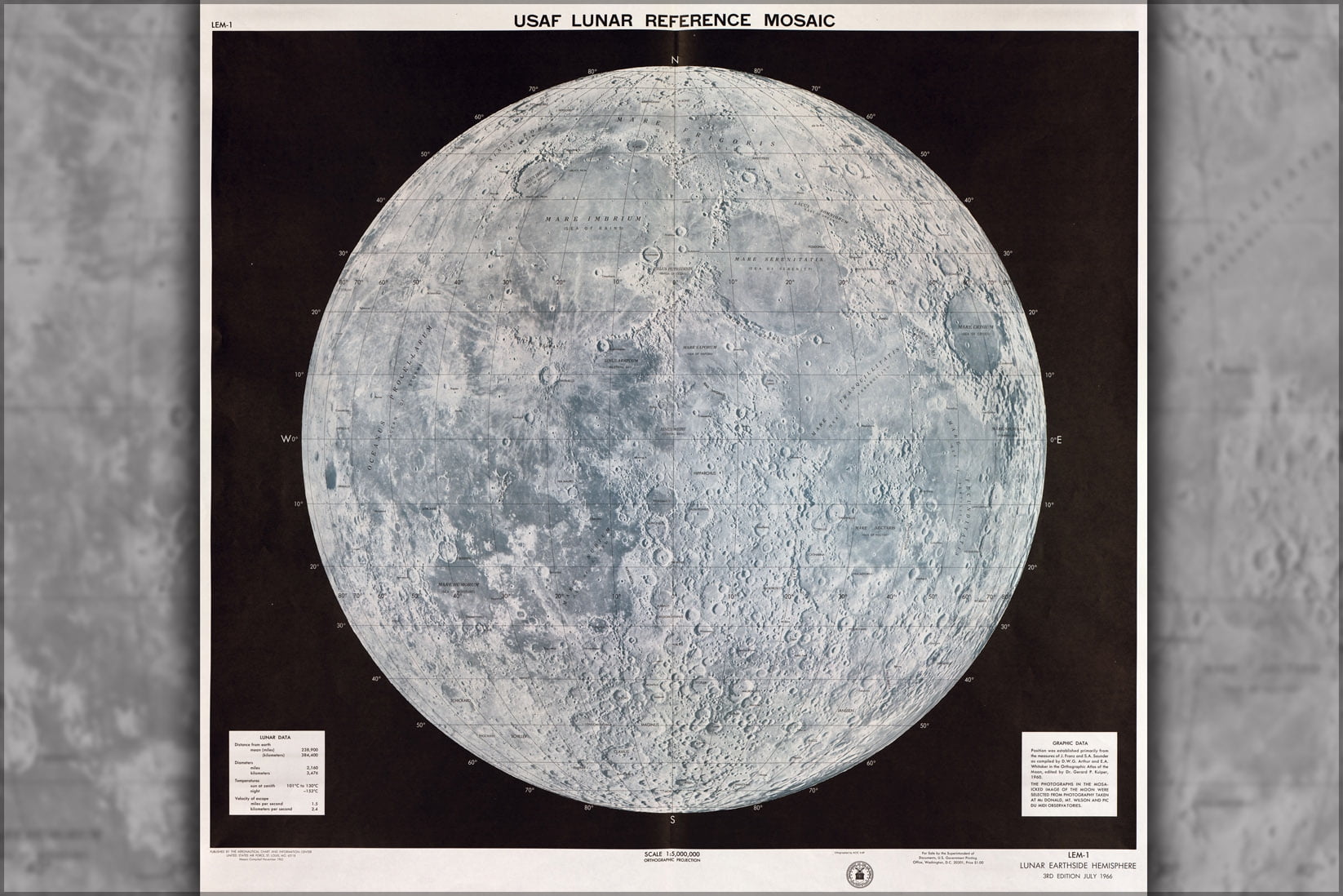 24"x36" Gallery Poster, USAF lunar reference mosaic 1966 Moon Map ...