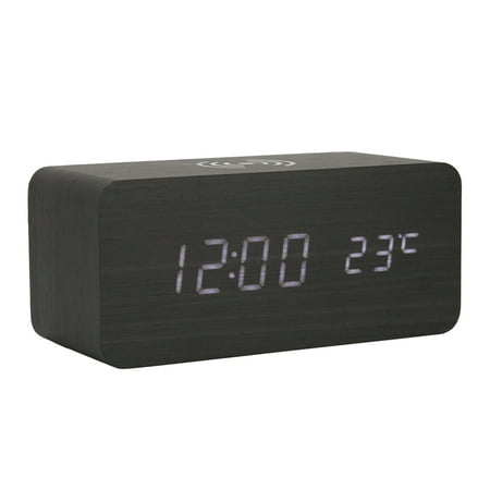 Digital Alarm Clock, Wooden Digital Clock Phone Wireless Charging Sound ...