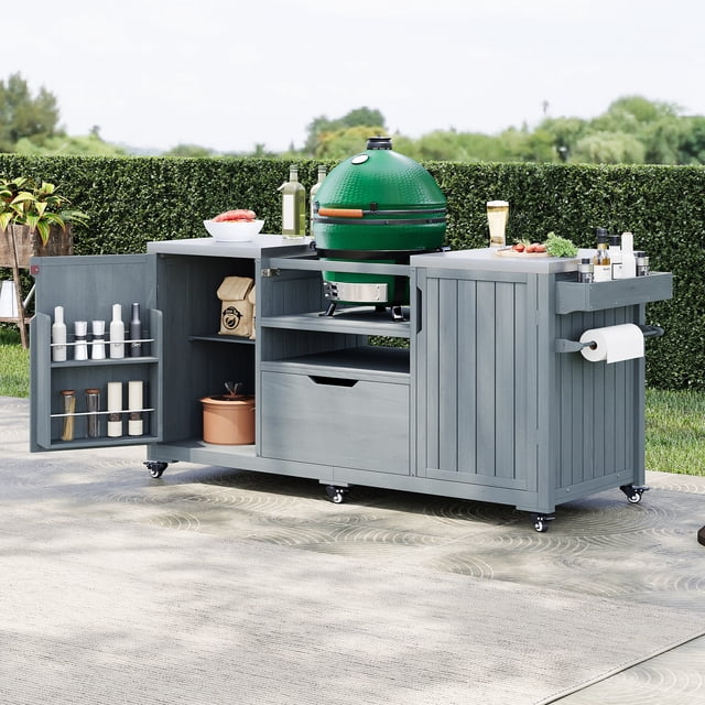 Noble House 66.5" Outdoor Kitchen Island for Big Green Egg, Solid Wood ...