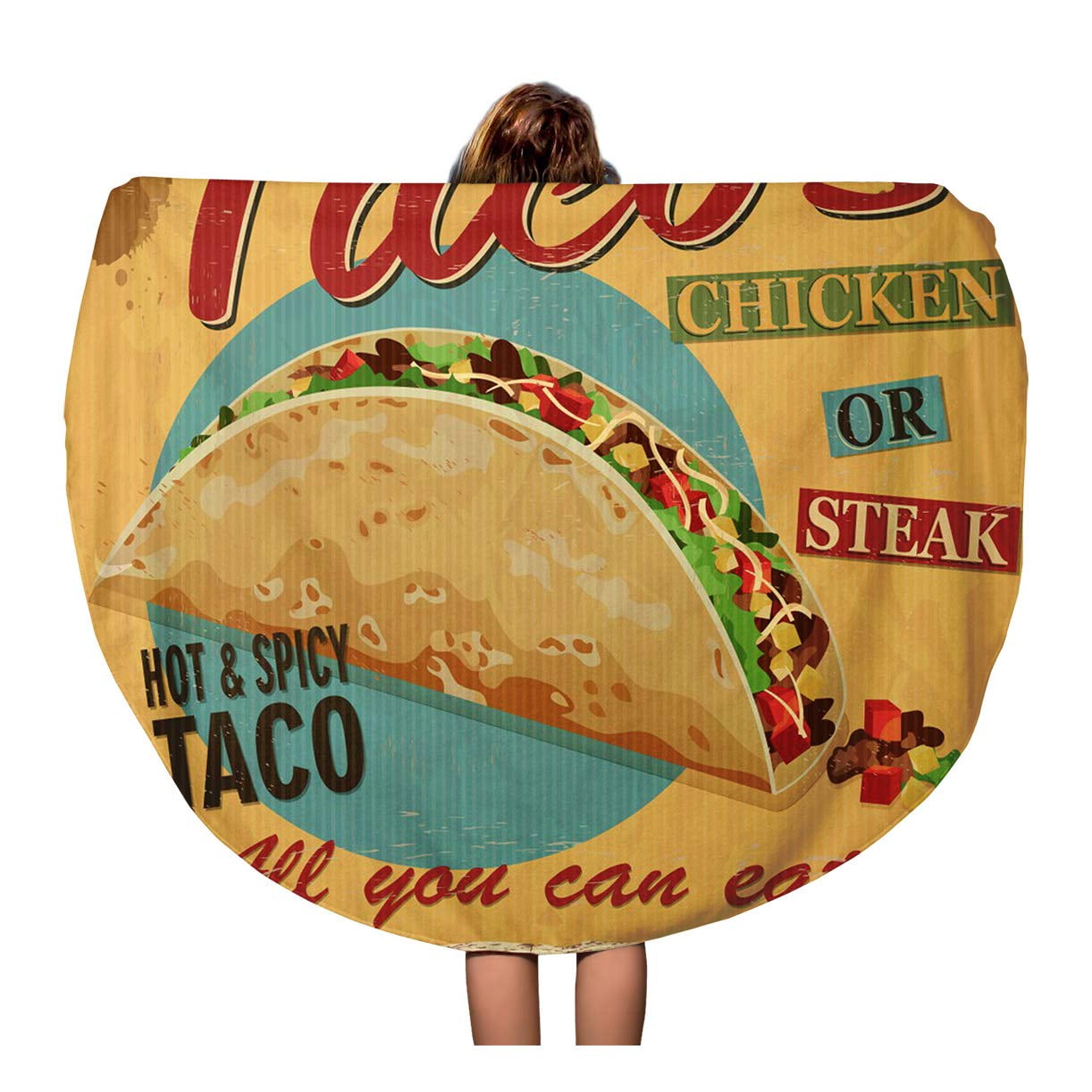 SIDONKU 60 inch Round Beach Towel Blanket Aged Vintage Tacos Metal Sign ...