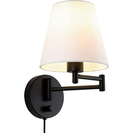 Swing Arm Wall Lamp Plug in, Modern Corded Wall Lamps with White Fabric ...
