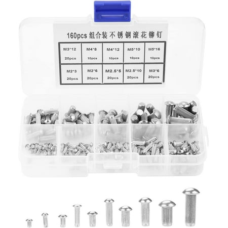 160pcs M2-M5 Solid Rivets Kit Stainless Steel Round Head Knurled Shank ...