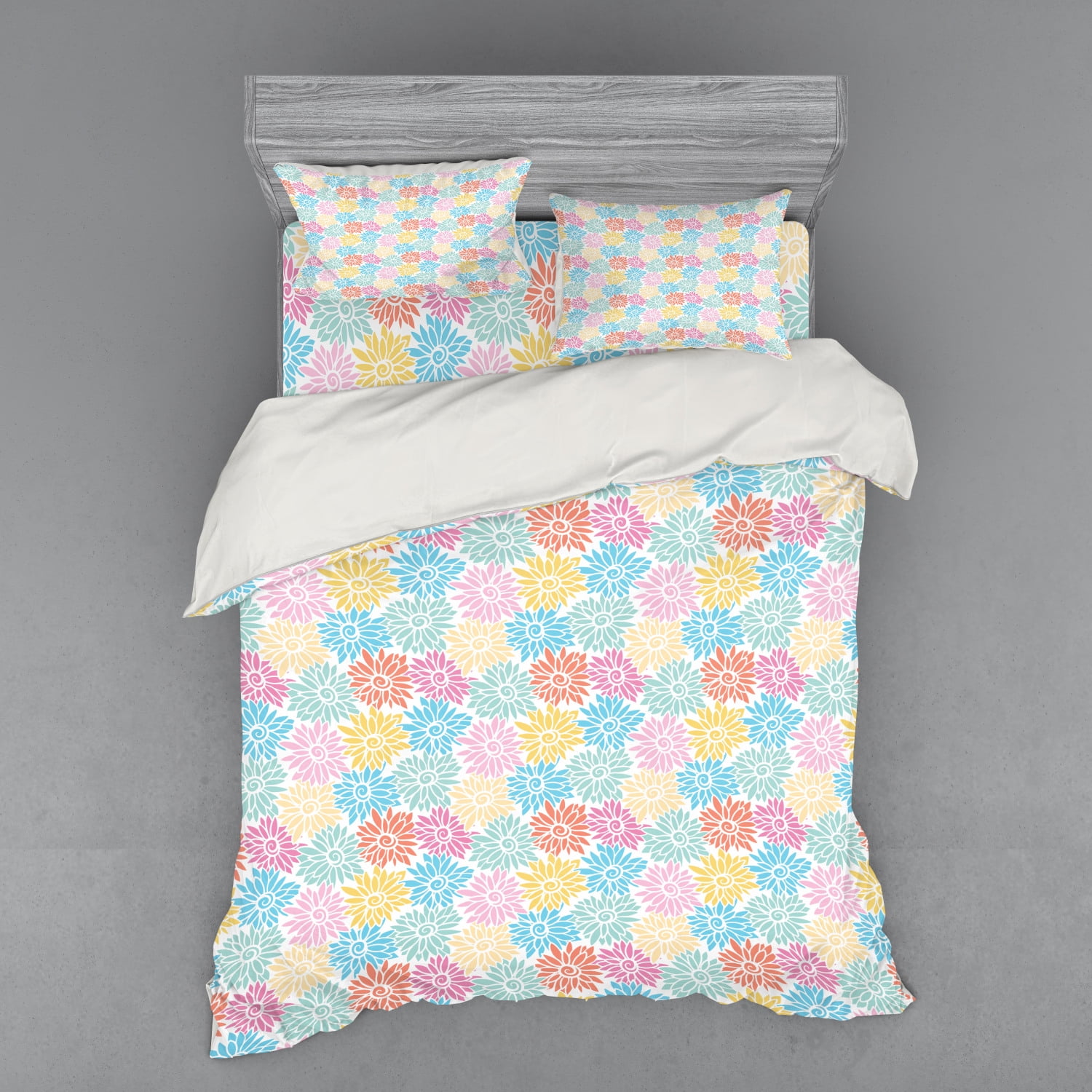 Spring Duvet Cover Set, Doodle Ornamental Flowers Colorful Field of ...