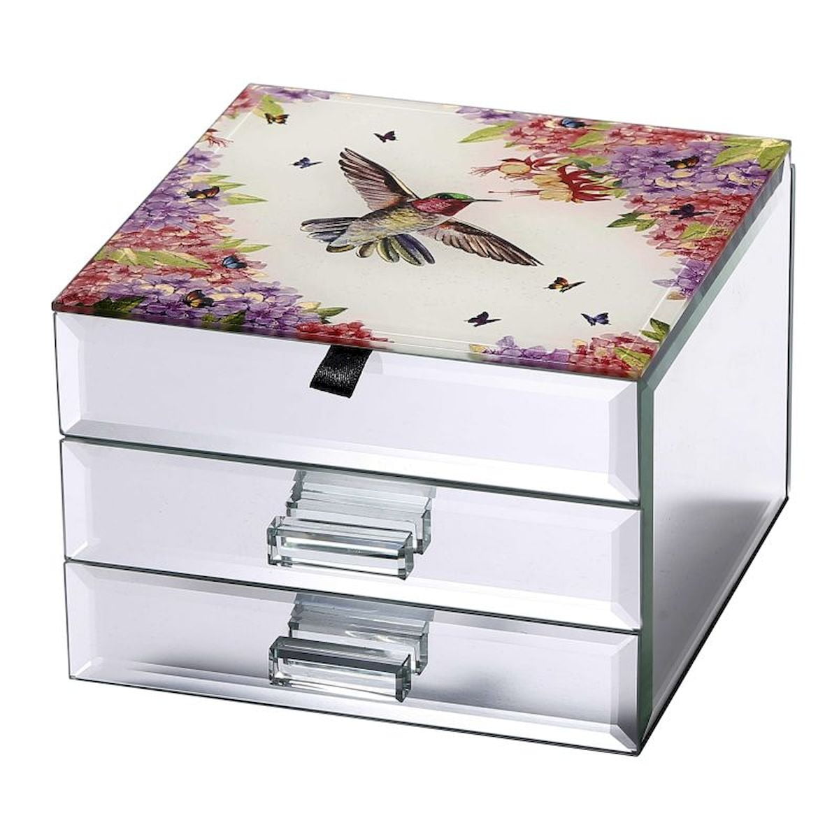 Hummingbird And Flowers On Lid With 3 Black Lined Drawers Jewellery Box ...