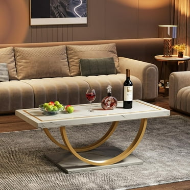 Tribesigns Living Room Faux Marble Wood Coffee Table: 2-Tier Rectangle with Gold Geometric Legs ...