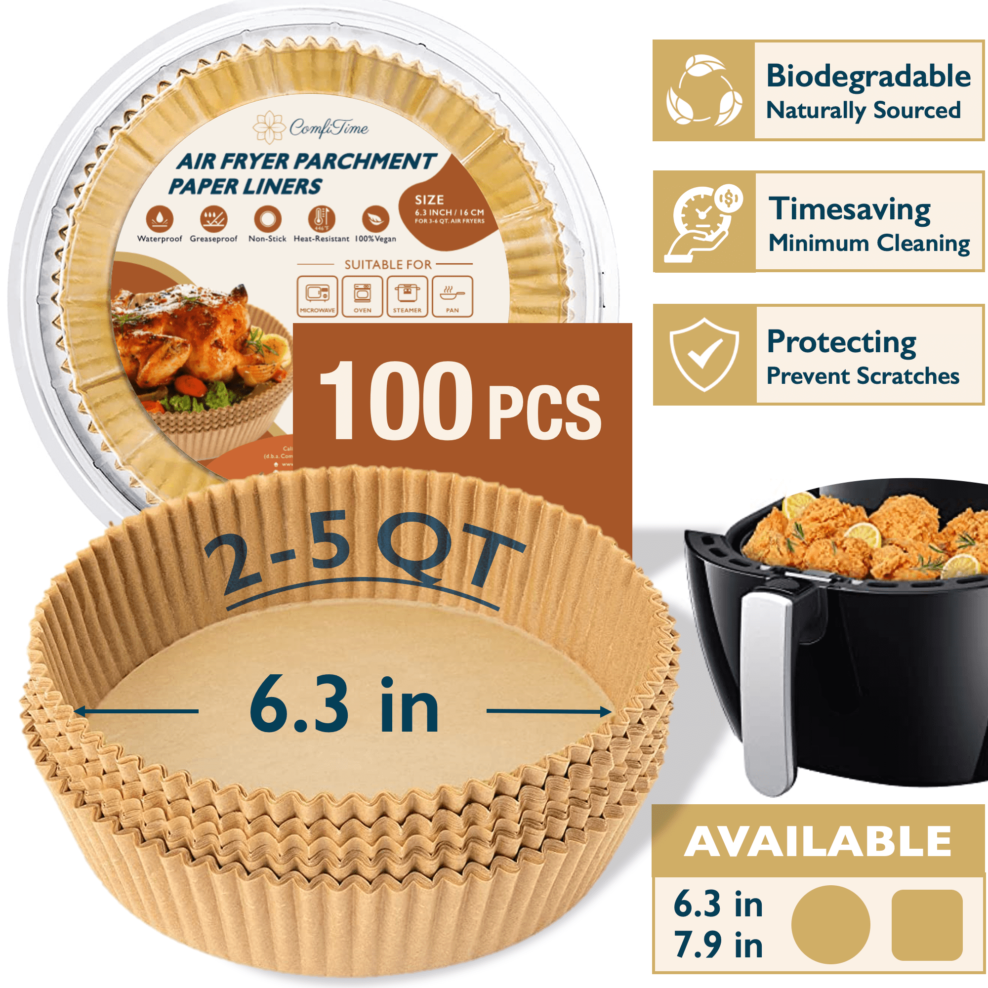 ComfiTime Air Fryer Liners – 6.3” Round/Square Disposable Parchment ...